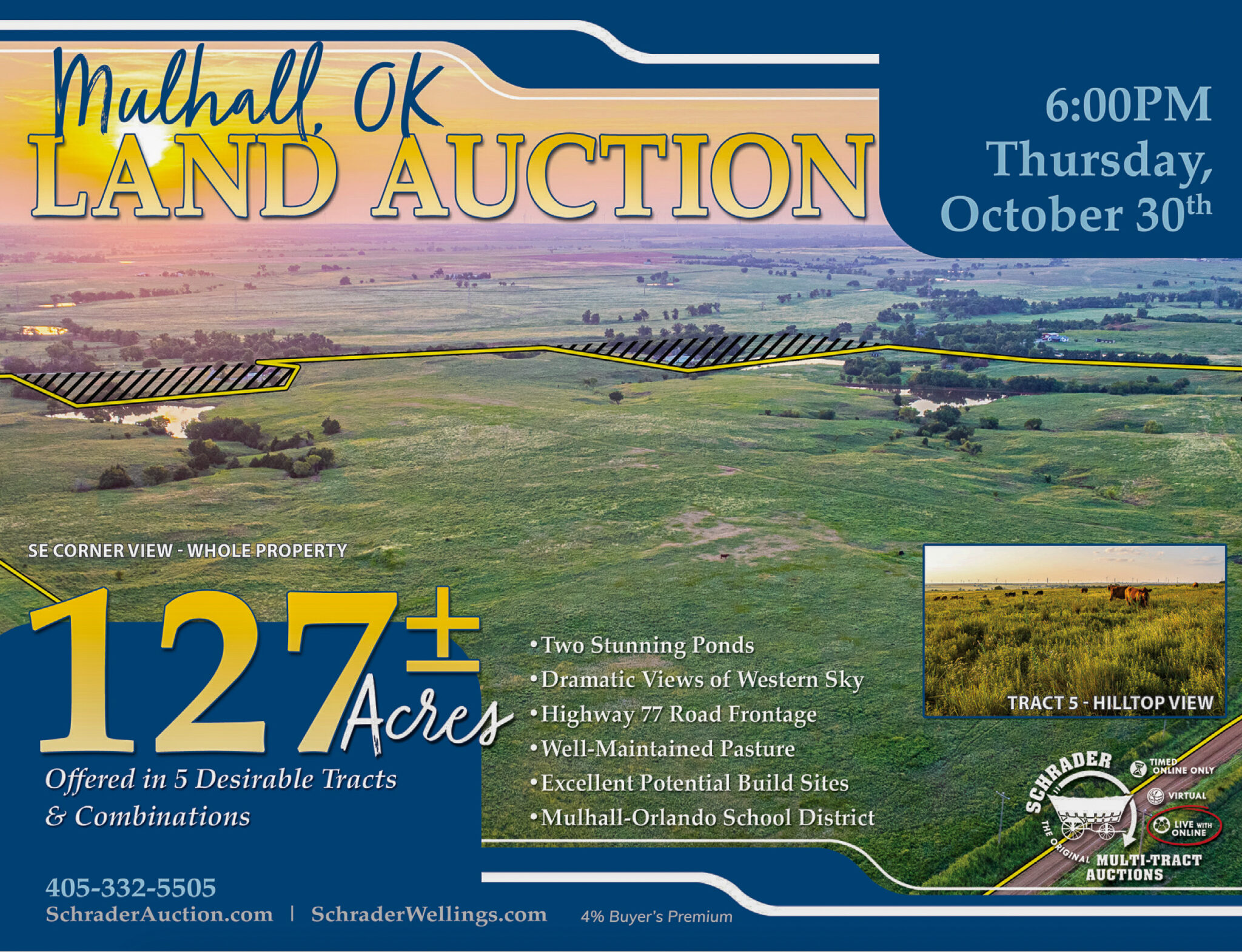 LAND AUCTION – 127+/- Acres – Offered in 5 Desirable Tracts – Mulhall, OK - Brent Wellings